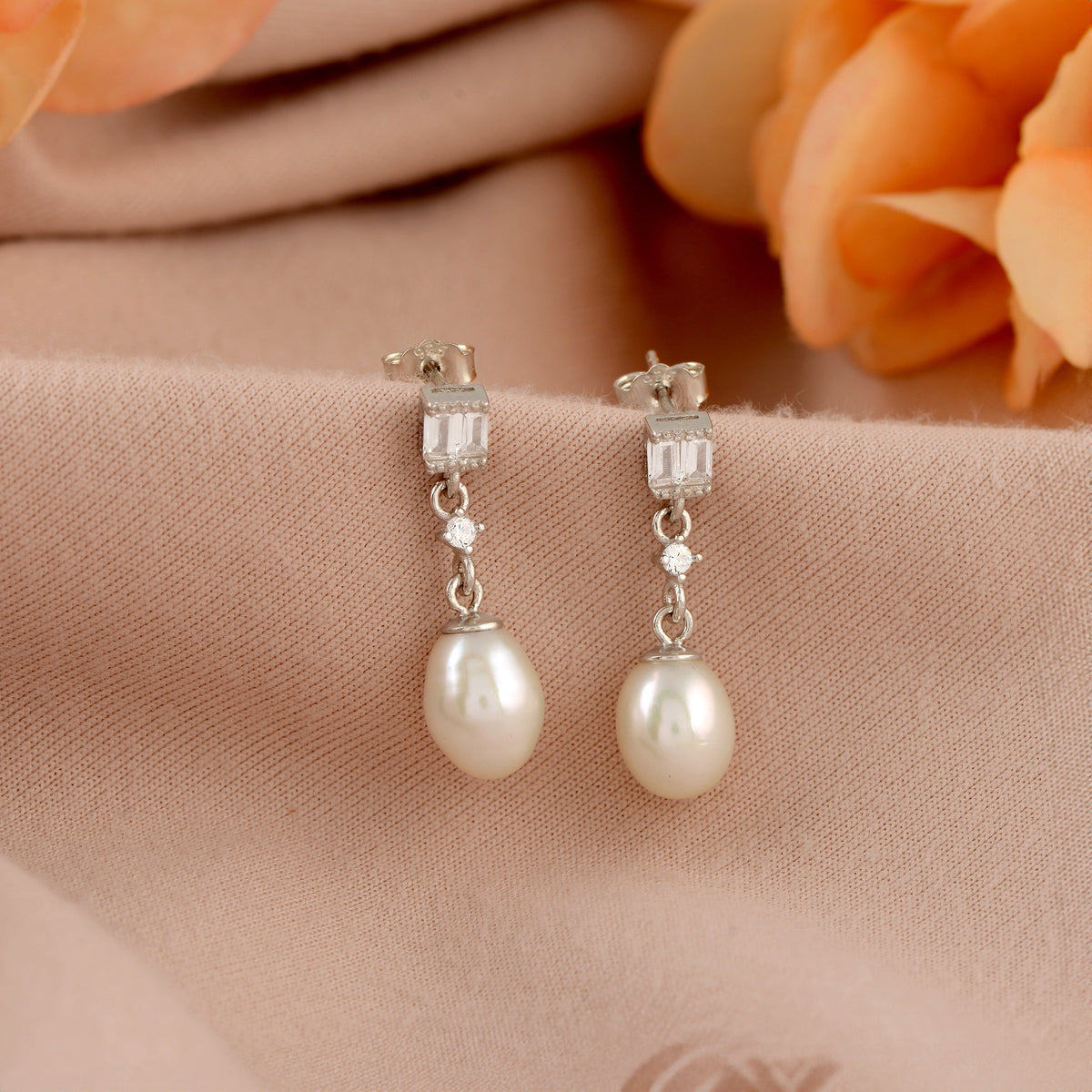 Rectangle shape stud with pearl drop – Krishna Pearls